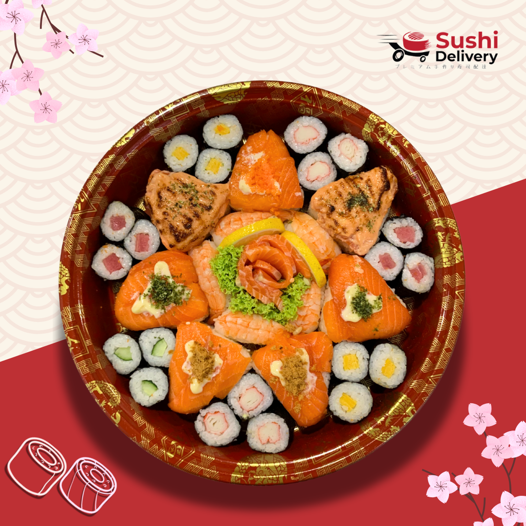 🌙 Salmon Fiesta Platter (26 pcs) + Onigiri (7 pcs) + Sashimi | Sushi ...